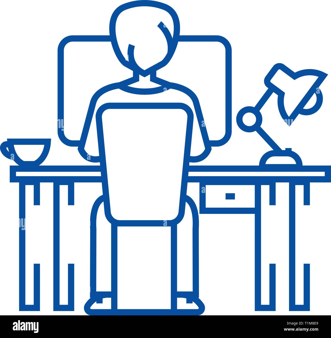 Man working on computer on table, sitting line icon concept. Man ...