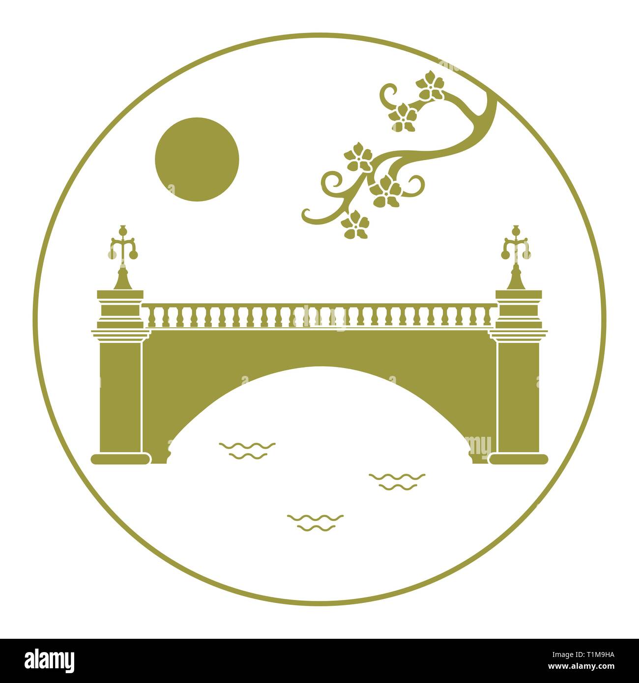 Vector illustration with sakura branch and old bridge. Japan ...