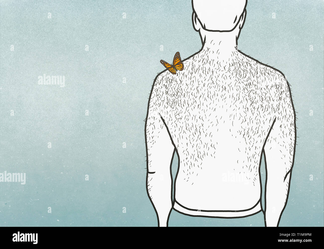 Butterfly on shoulder of man with hairy back Stock Photo - Alamy