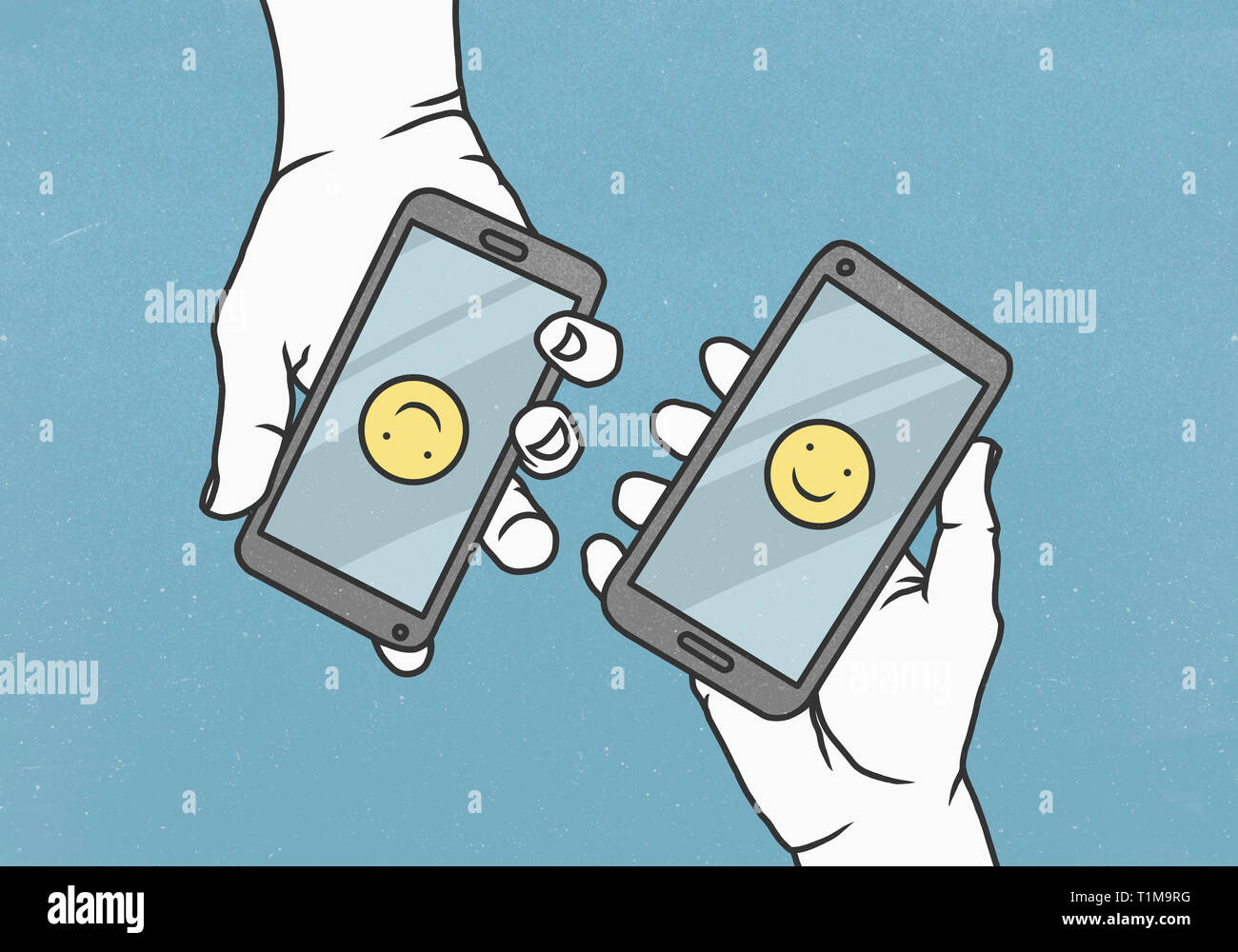 View from above smiley faces on smart phones Stock Photo - Alamy