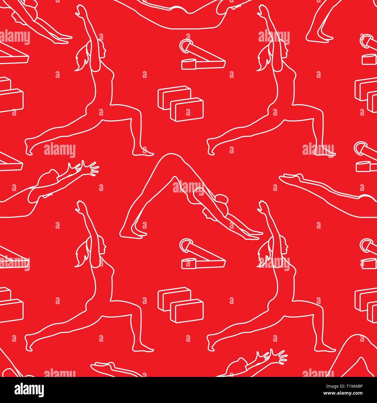 Seamless pattern with women in yoga poses, blocks, belt for yoga. Relax ...