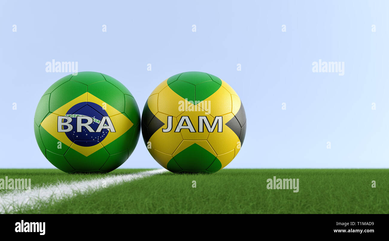Brazil vs. Jamaica Soccer Match - Soccer balls in Brazils and Jamaicas ...