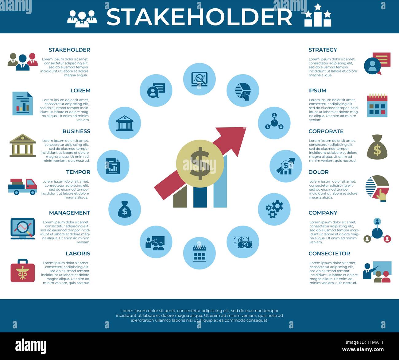 Business corporate stakeholder and company strategy icons infographics ...