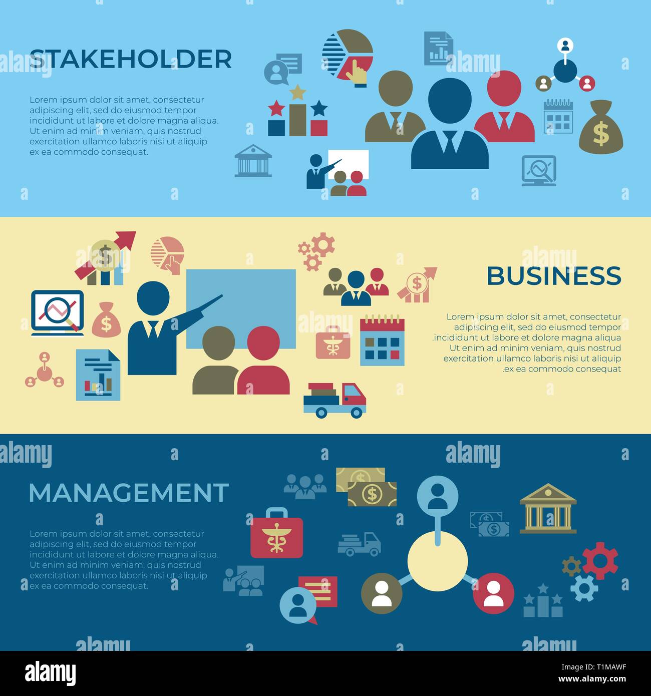 Business corporate stakeholder and company strategy icons infographics ...