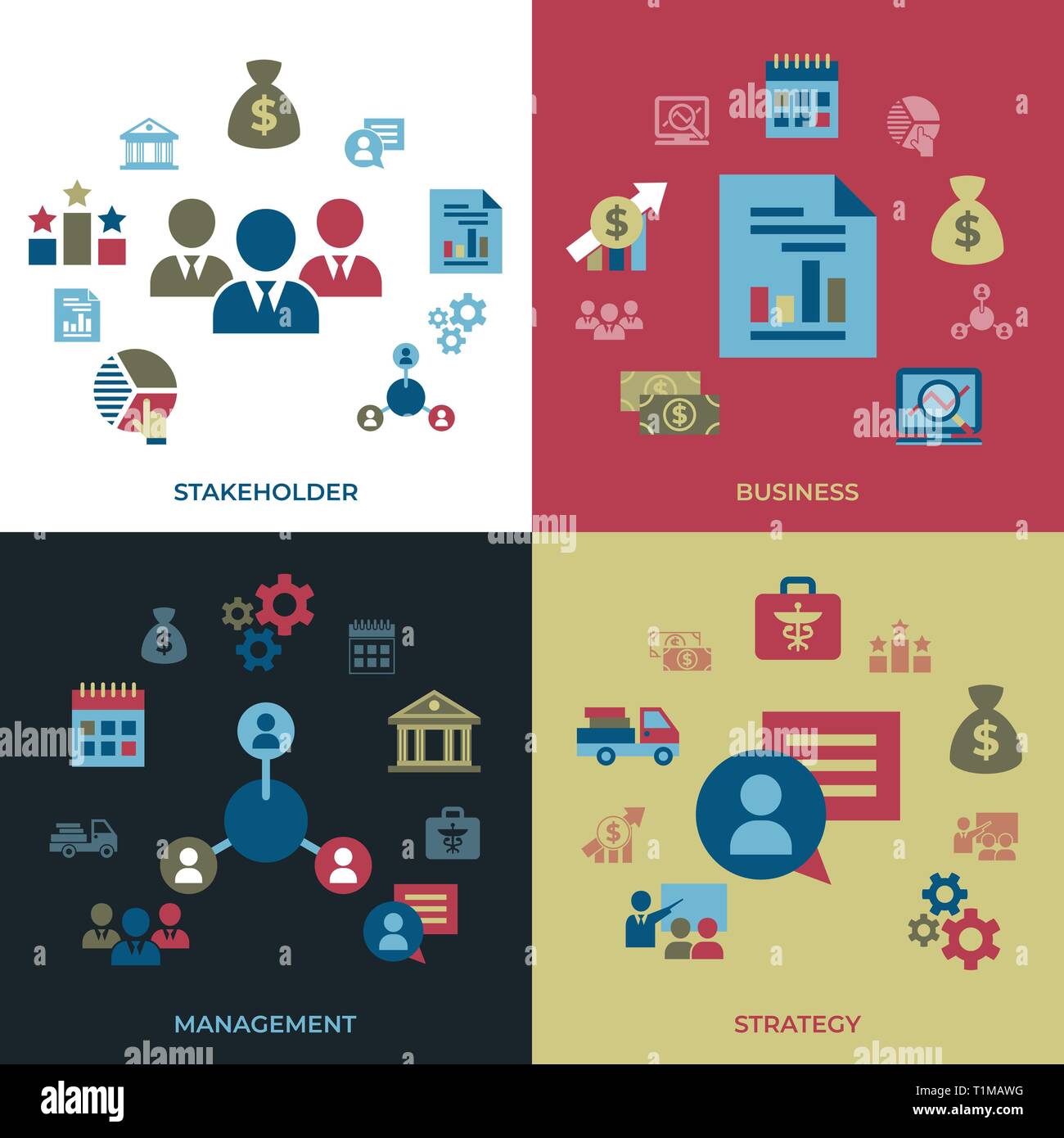 Business corporate stakeholder and company strategy icons infographics ...