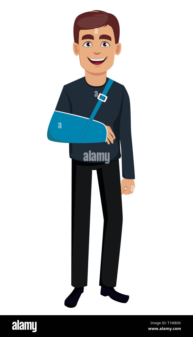 Man with a broken arm. Cheerful cartoon character with a plaster splint ...