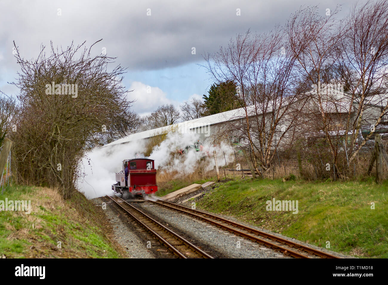 Distant steam train releasing steam and smoking in the distance Stock ...