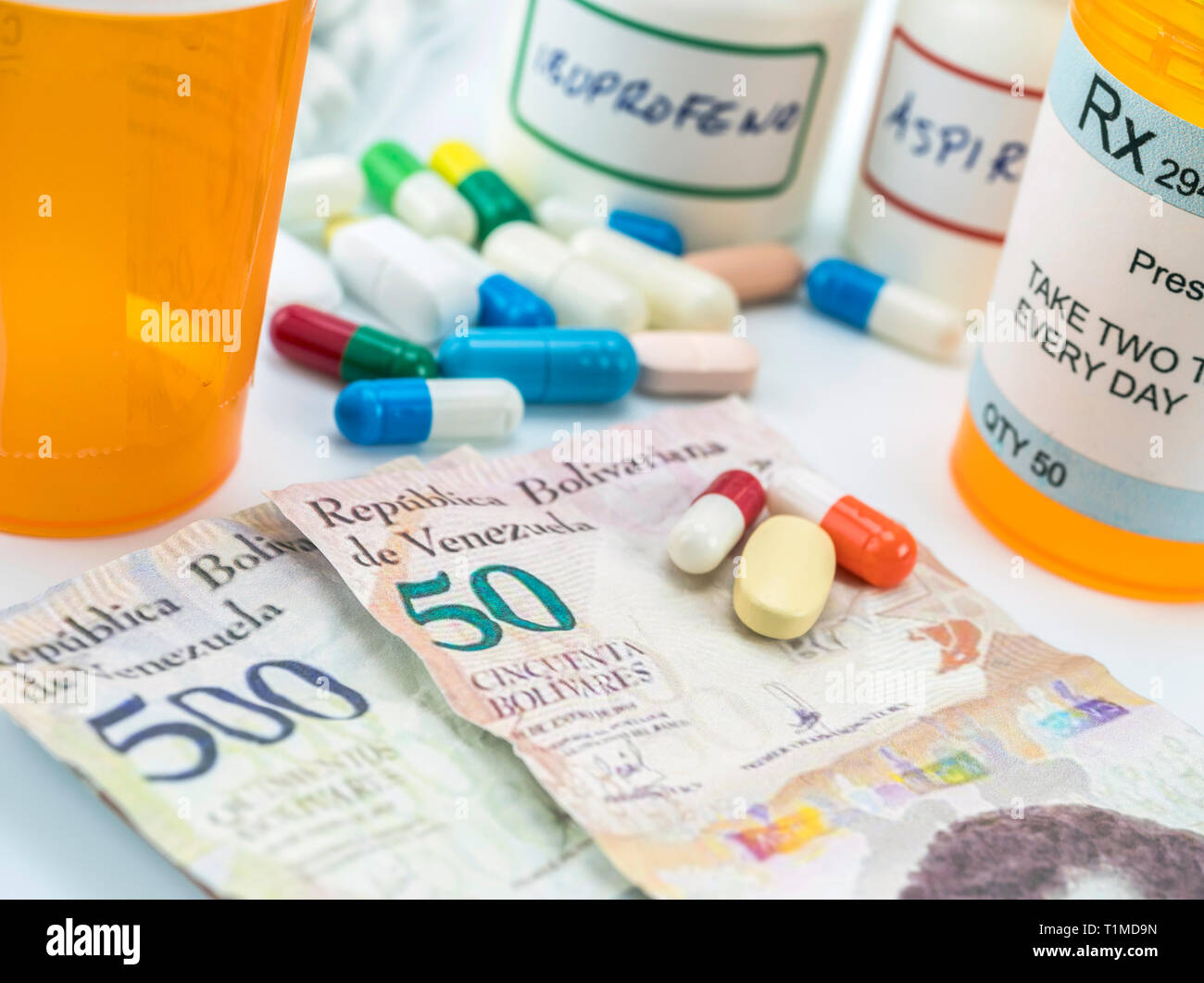 Medicines next to banknotes of Venezuela, shady deal of medication in ...
