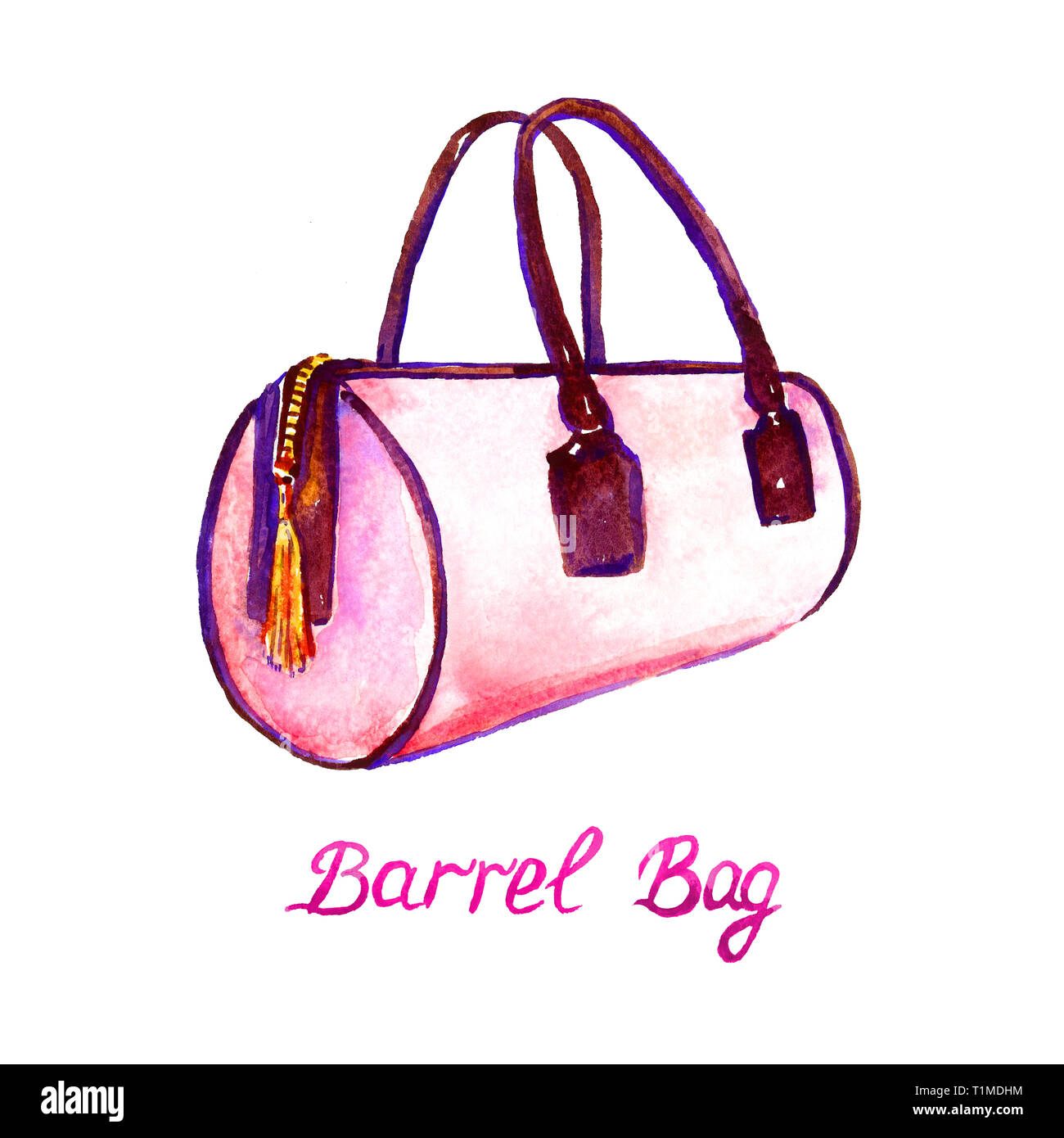 Pink barrel type bag with dark chocolate brown accessories, hand ...