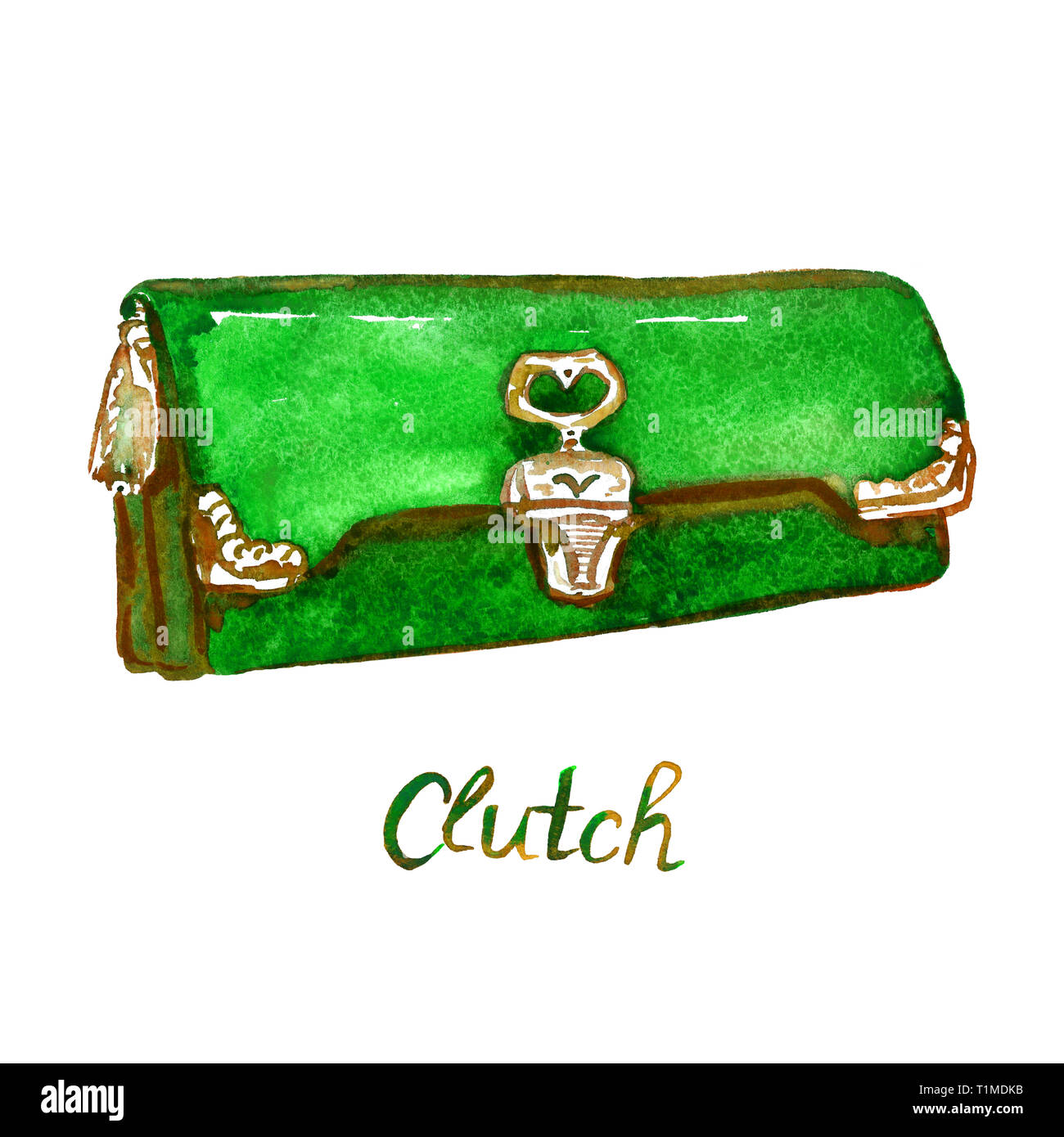 Green clutch bag with iron lock and corners, hand painted watercolor ...