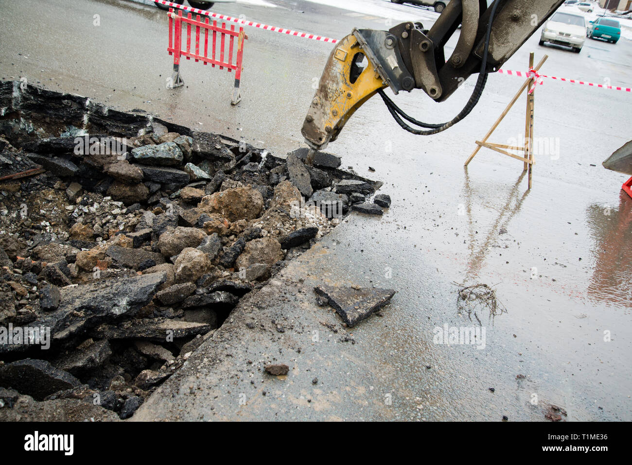 Repair of communications located under the carriageway. Road repair car ...