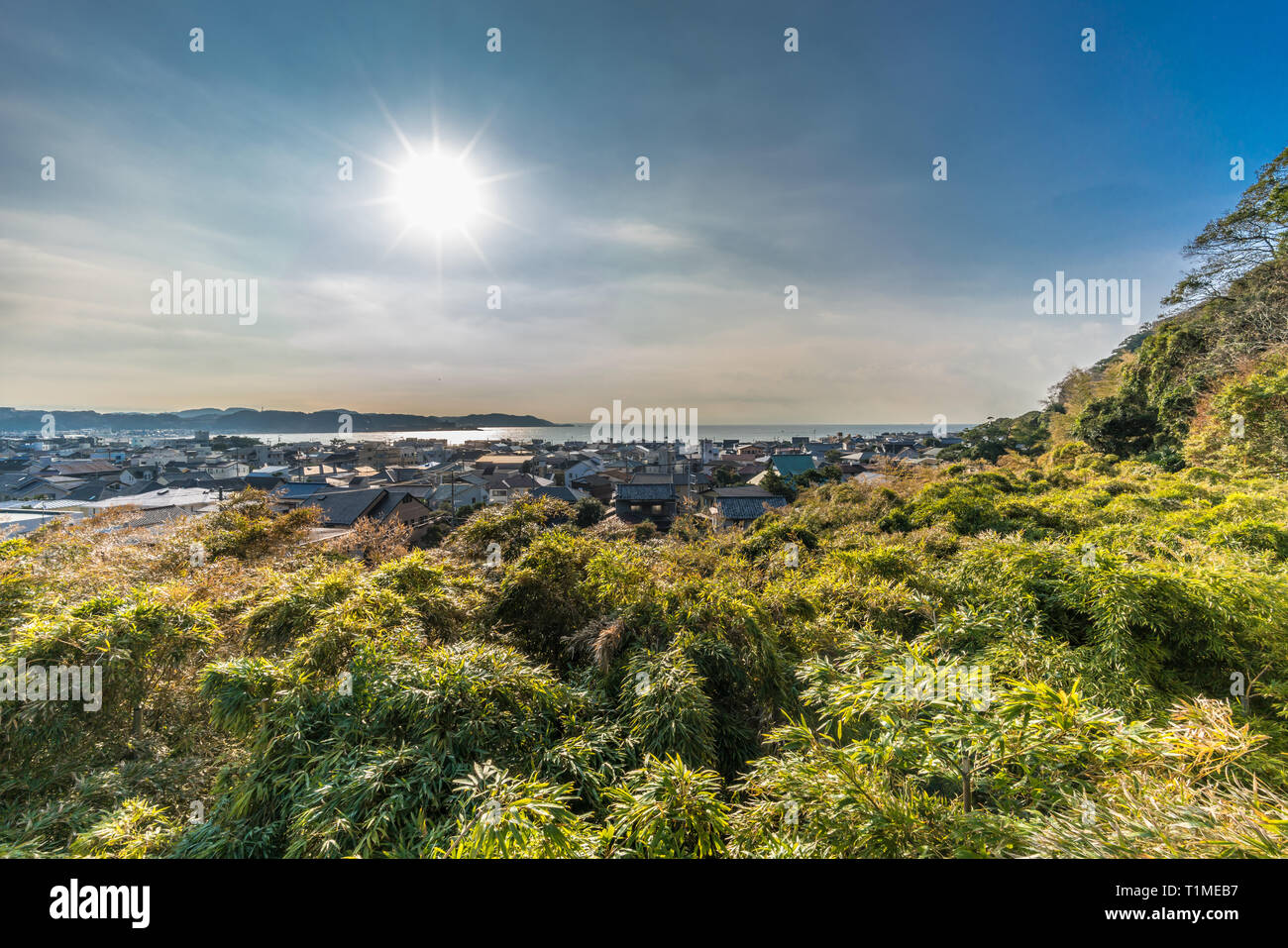 Early morning view of Kamakura, Yuigahama Beach and Sagami bay from ...