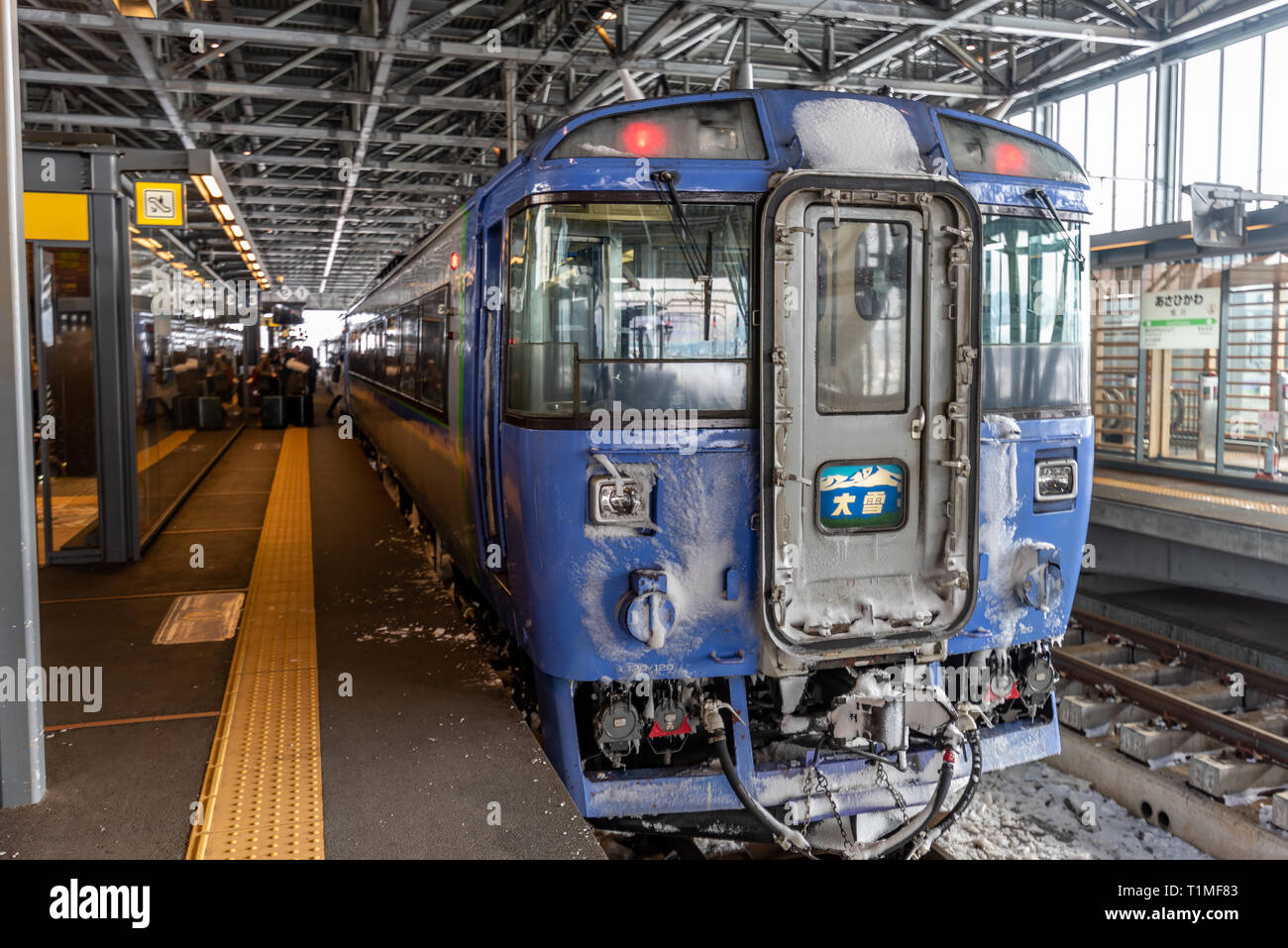 Asahikawa, Japan - Feb 15, 2019: A blue train Super Express, between ...