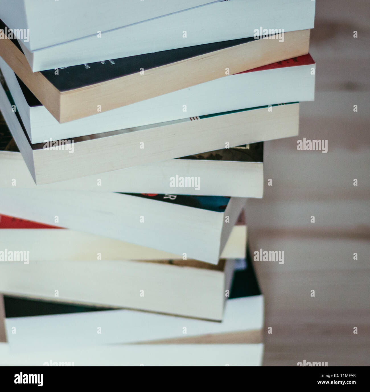 Stack of different books on wooden table: Literature for study Stock ...