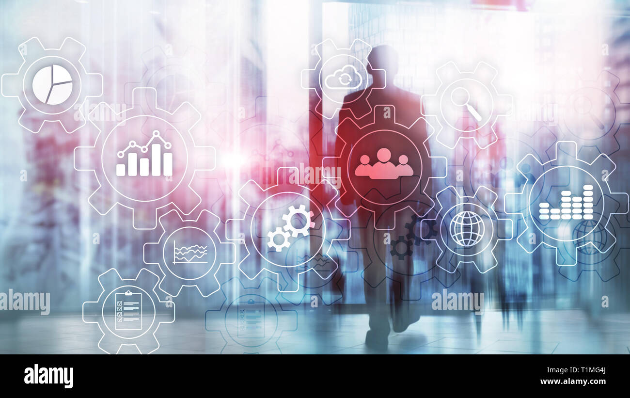 Business process abstract diagram with gears and icons. Workflow and ...