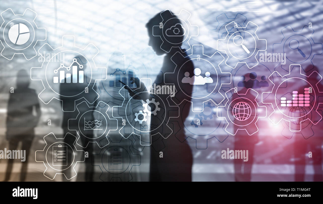 Business process abstract diagram with gears and icons. Workflow and ...