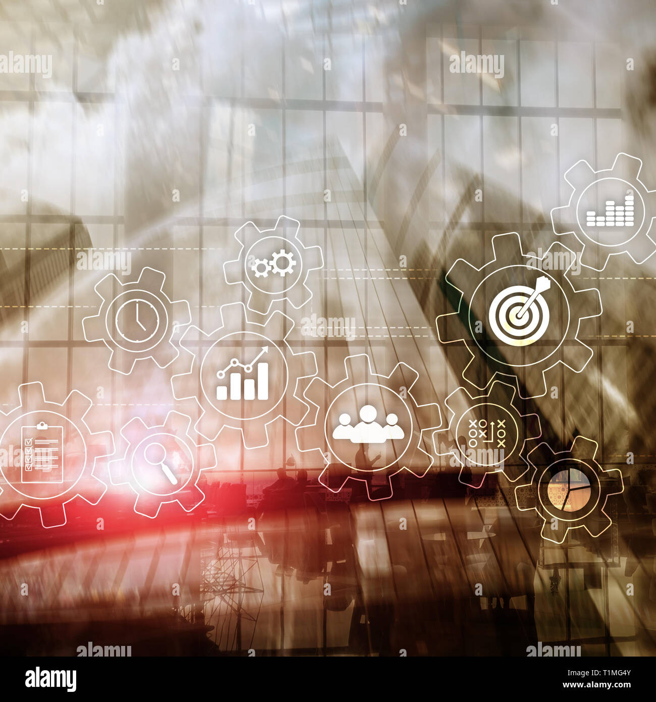 Business process automation concept. Gears and icons on abstract ...