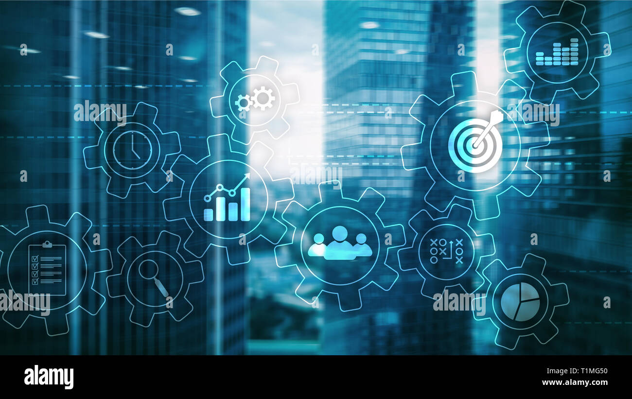 Business process automation concept. Gears and icons on abstract ...
