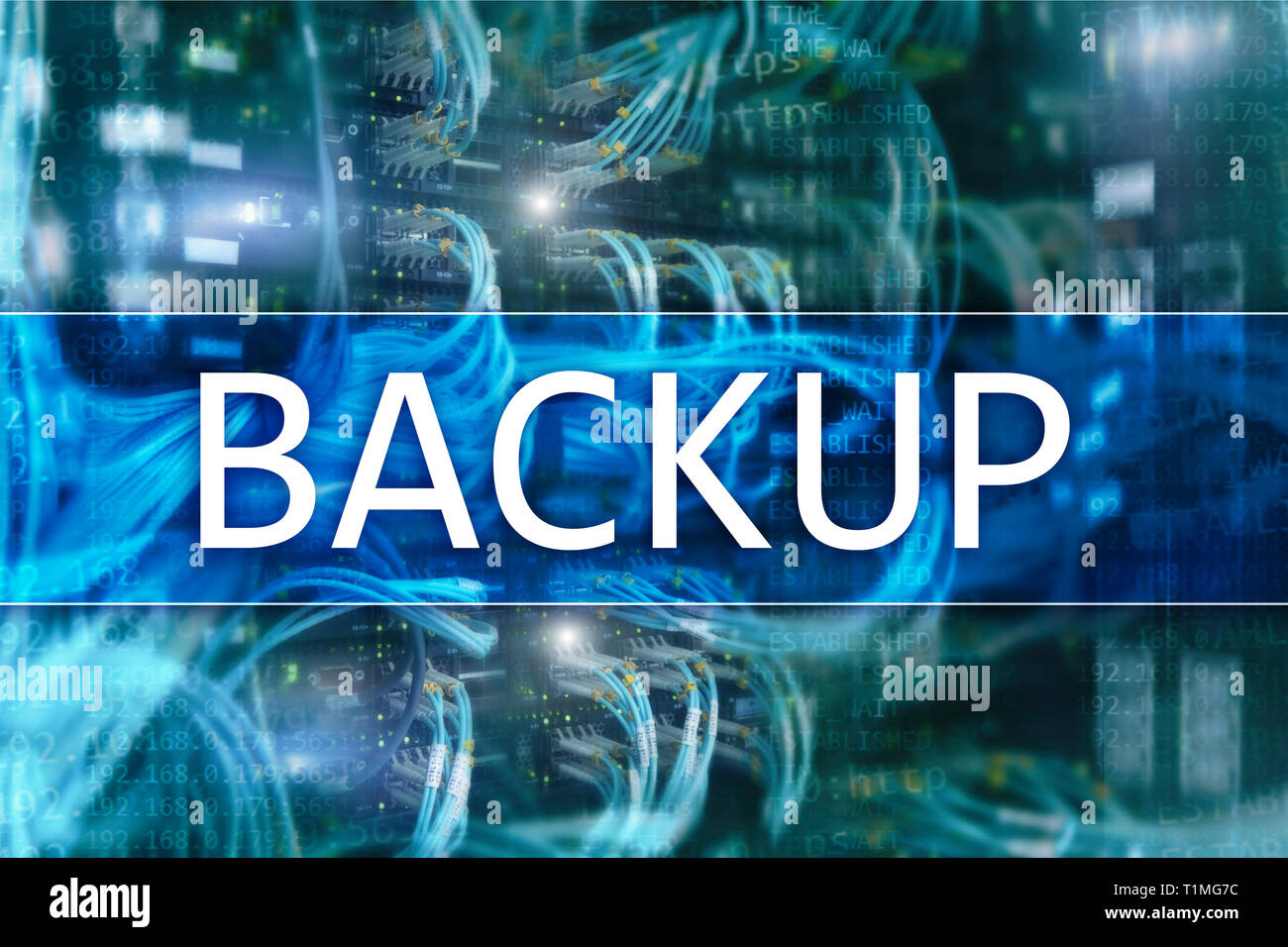 Backup button on modern server room background. Data loss prevention ...