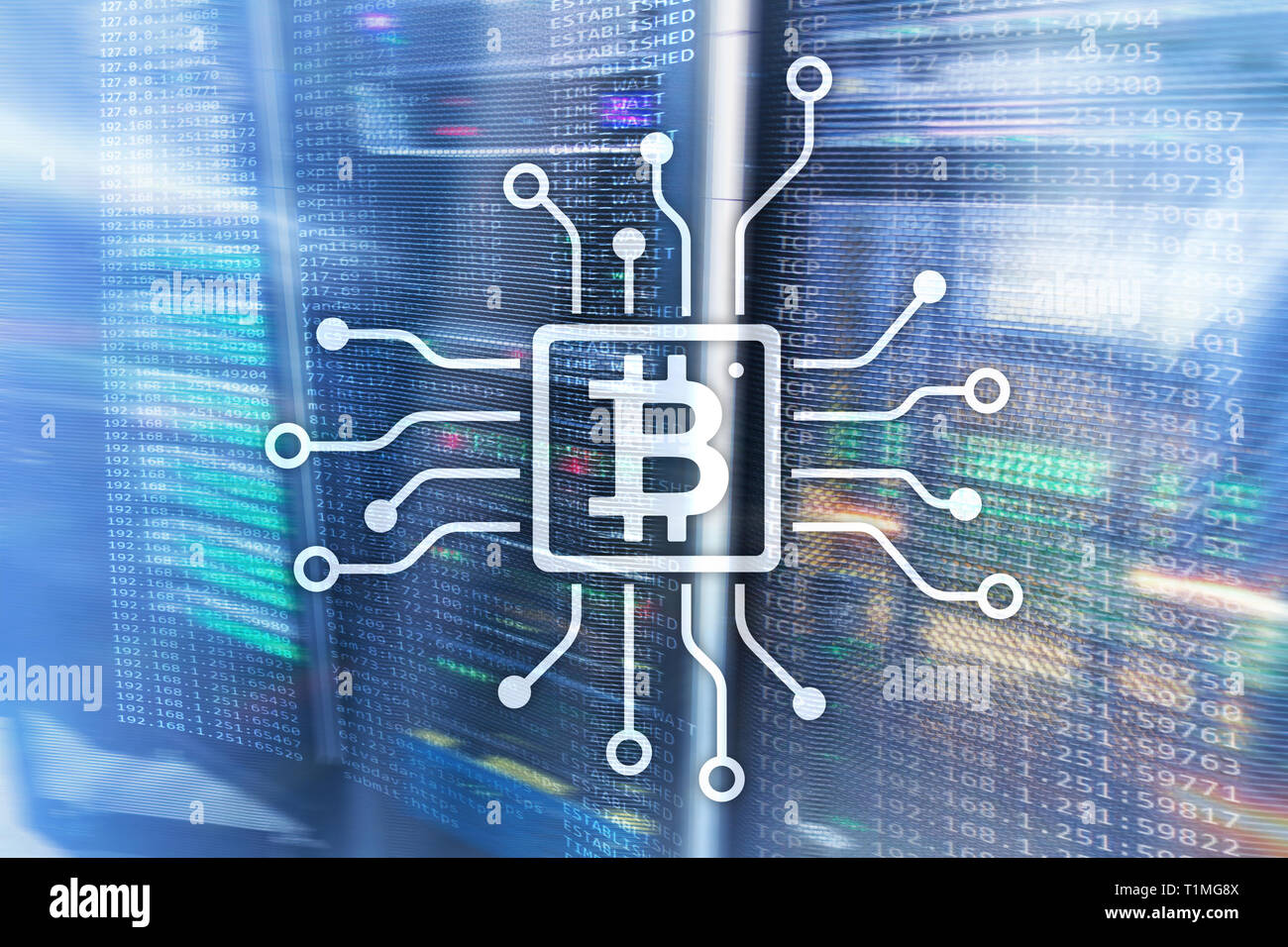 Bitcoin, Blockchain concept on server room background Stock Photo - Alamy