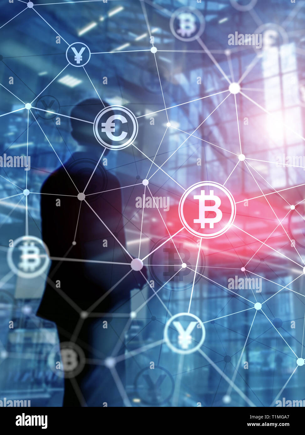 Double exposure Bitcoin and blockchain concept. Digital economy and ...