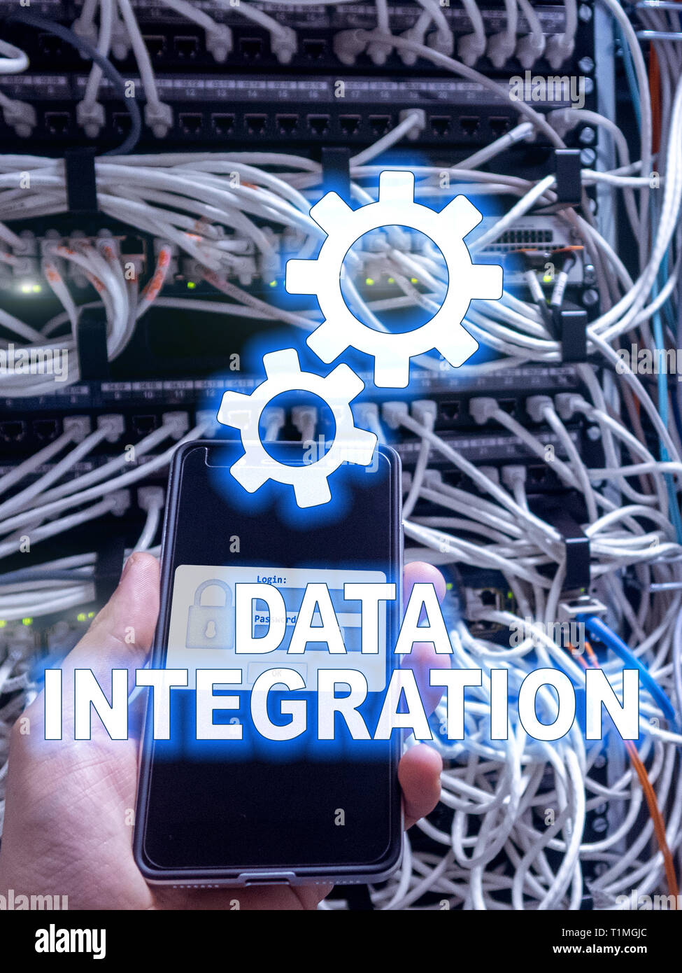 Data integration information technology concept on server room ...