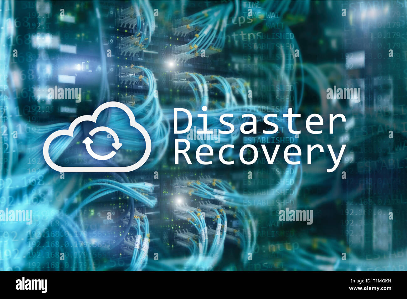 DIsaster recovery. Data loss prevention. Server room on background ...