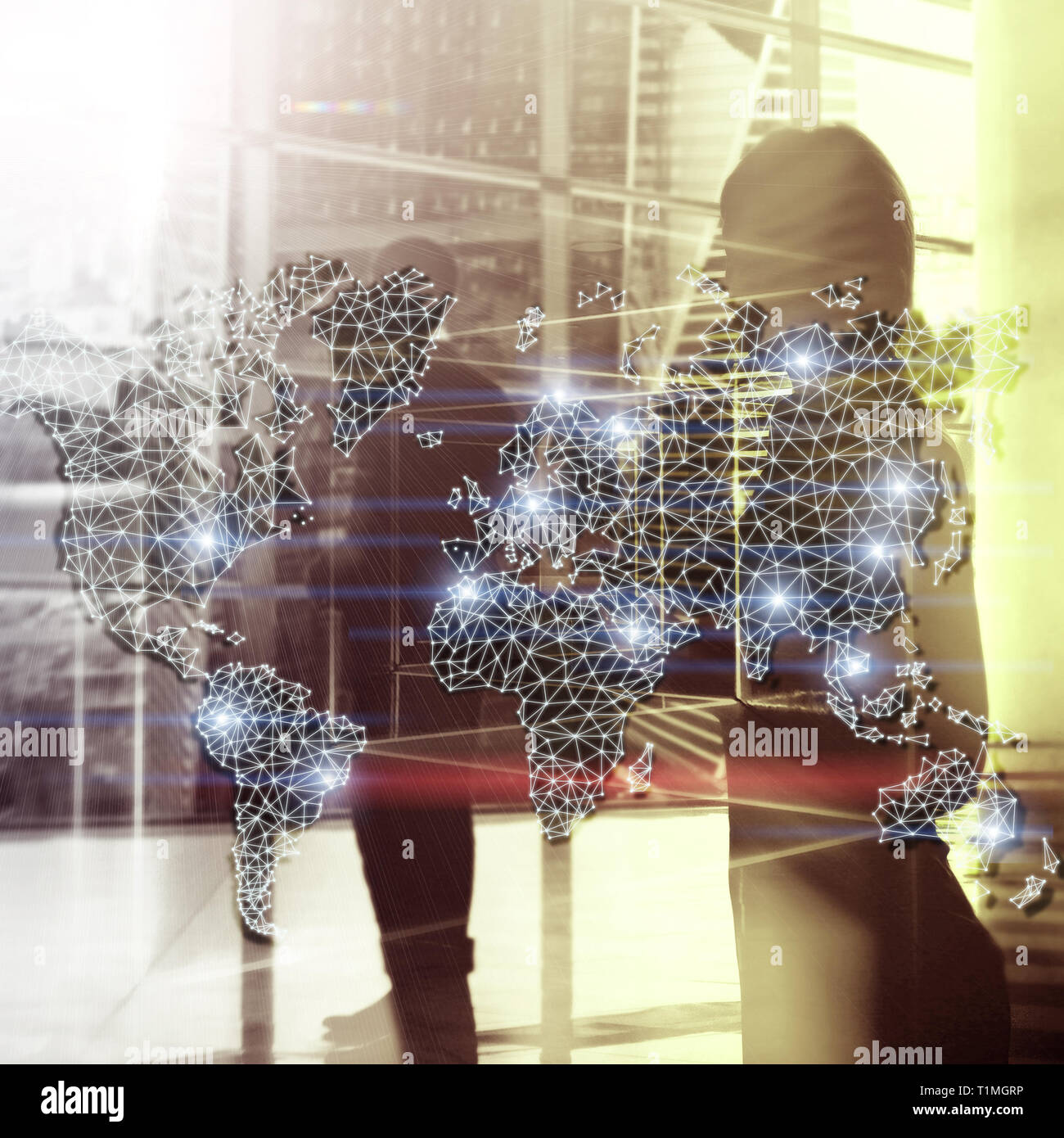 Global World Map Double Exposure Network. Telecommunication ...