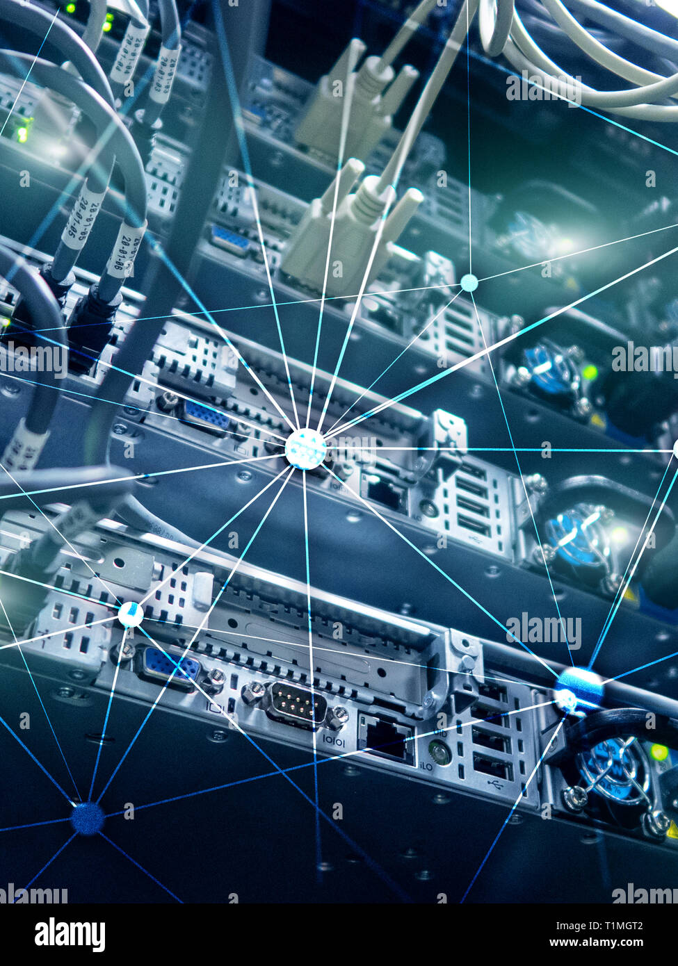 World map with communication network on server room background Stock ...