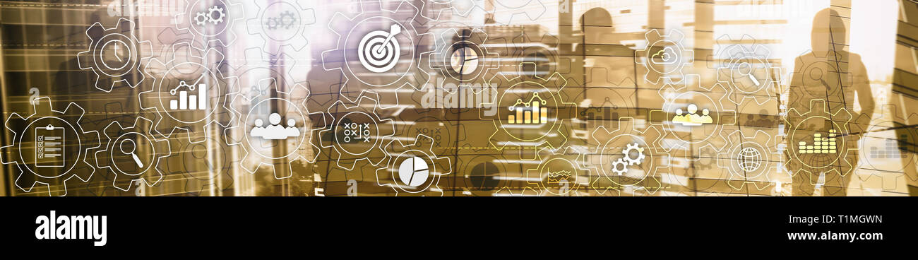 Business process abstract diagram with gears and icons. Workflow and ...