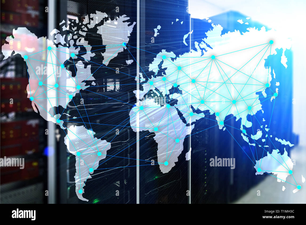 Internet and telecommunication concept with world map on server room ...