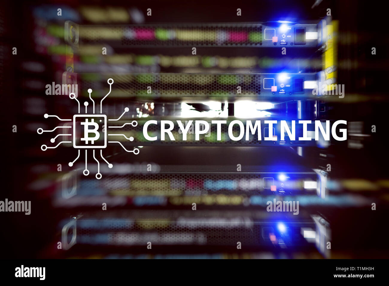 Cryptocurrency mining concept on server room background Stock Photo - Alamy
