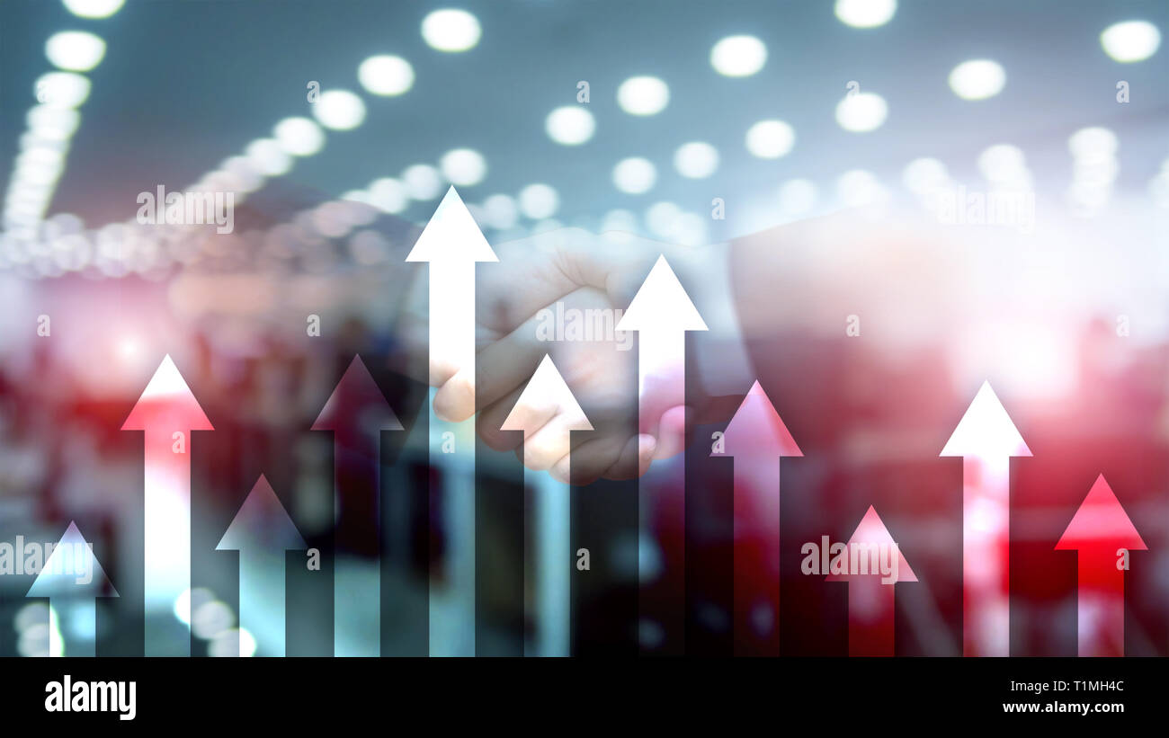 Up arrow graph on skyscraper background. Invesment and financial growth ...