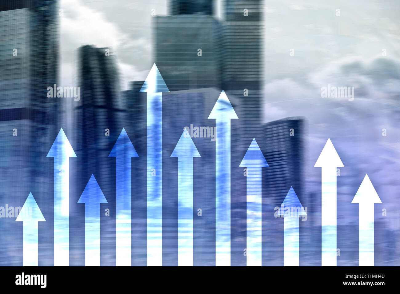 Up arrow graph on skyscraper background. Invesment and financial growth ...