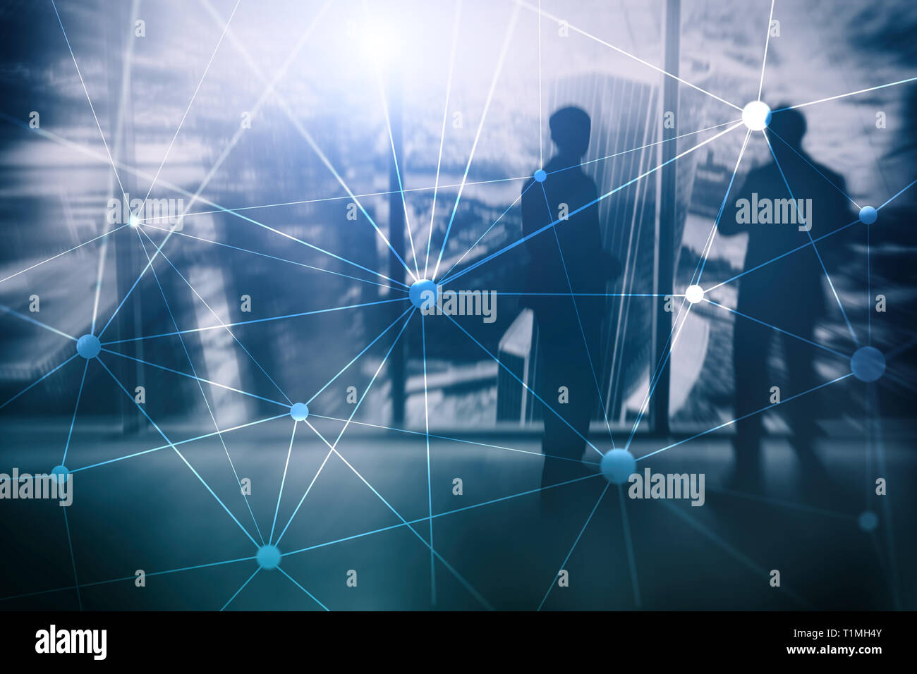 Blockchain network on blurred skyscrapers background. Financial ...