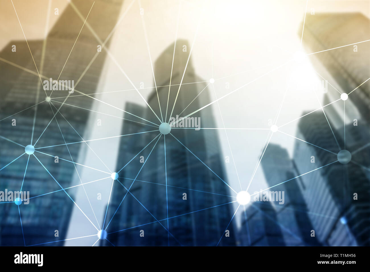 Blockchain network on blurred skyscrapers background. Financial ...
