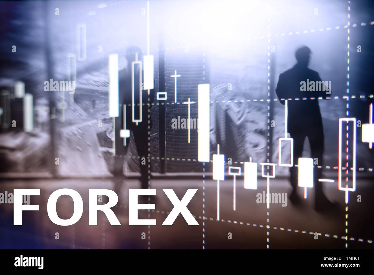 Forex trading, financial candle chart and graphs on blurred business ...