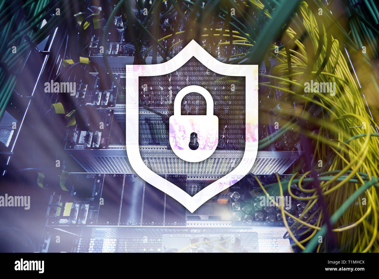 Cyber protection shield icon on server room background. Information ...