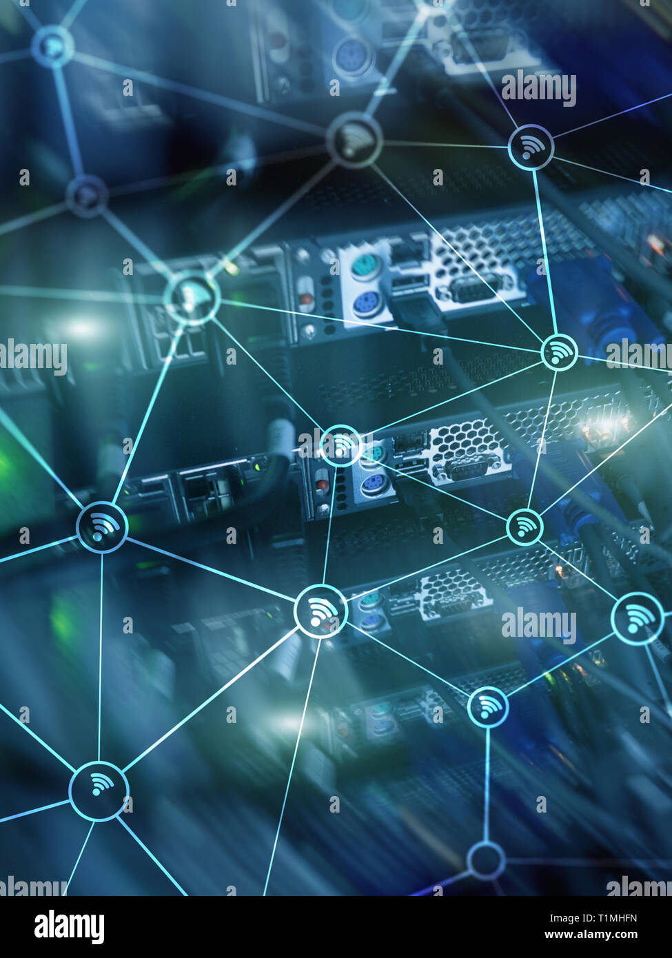 Wi fi network abstract structure on modern server room background Stock ...