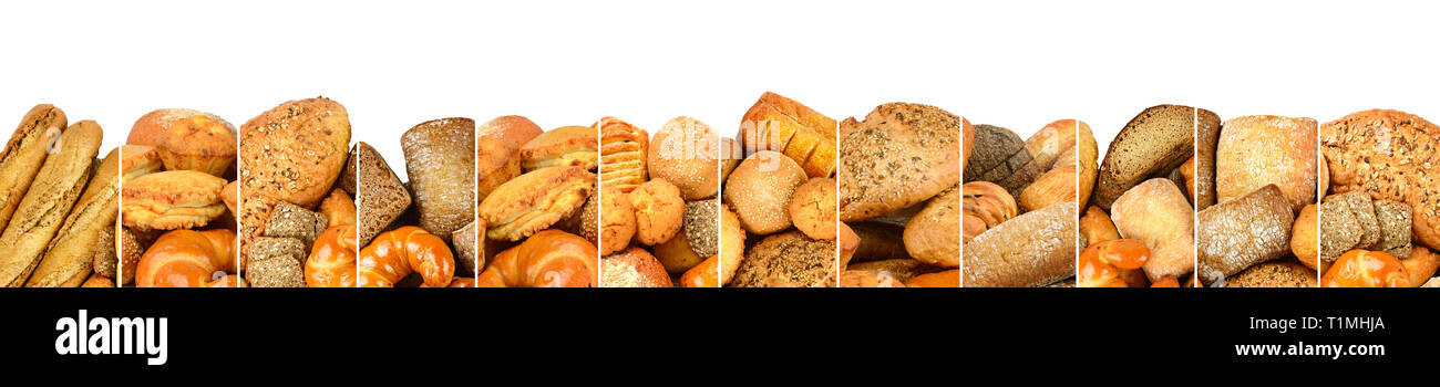 Fresh baked bread products in form vertical lines isolated on white ...