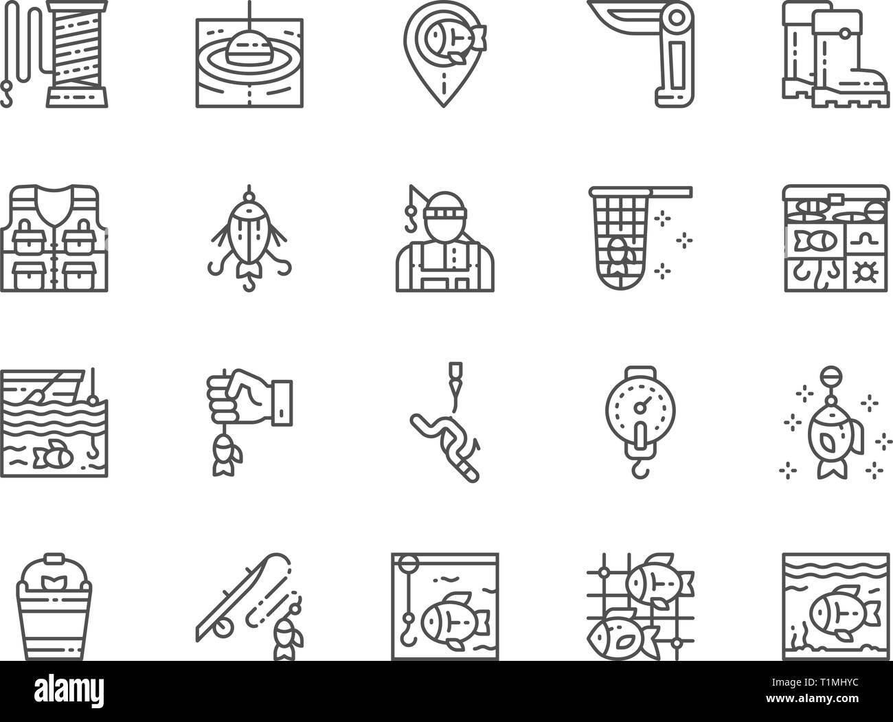 Set of Fishing Line Icons. Jackknife, Fisherman, Tackle Box, Aquarium ...