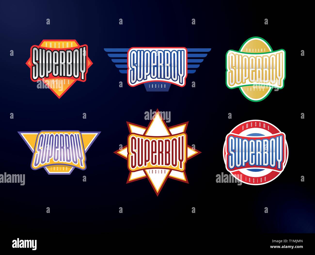 Sport emblem typography set. Super boy hero logotype sticker for your t ...