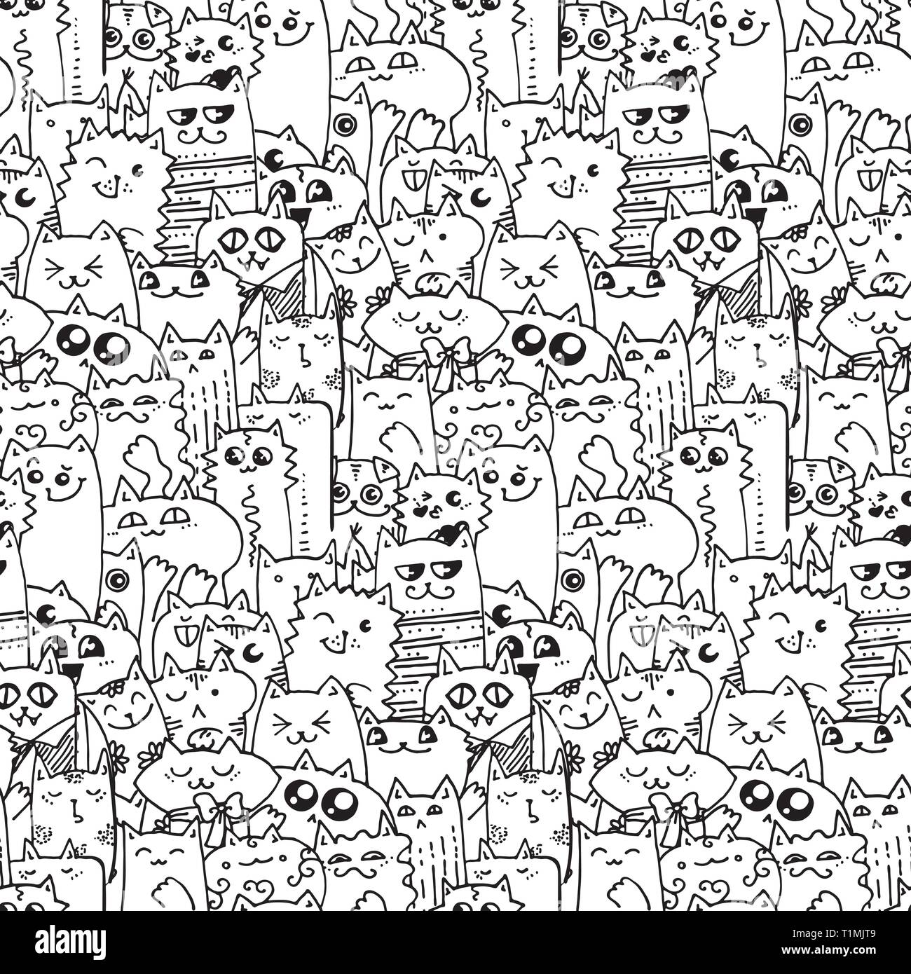 Cute doodle cats seamless pattern. Great for coloring book, wrapping ...