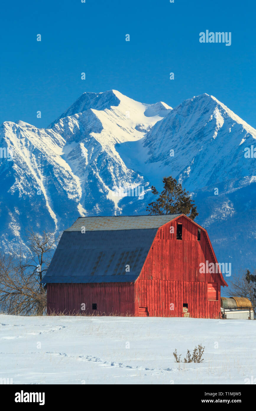 red barn below the mission mountains in winter near ronan, montana ...