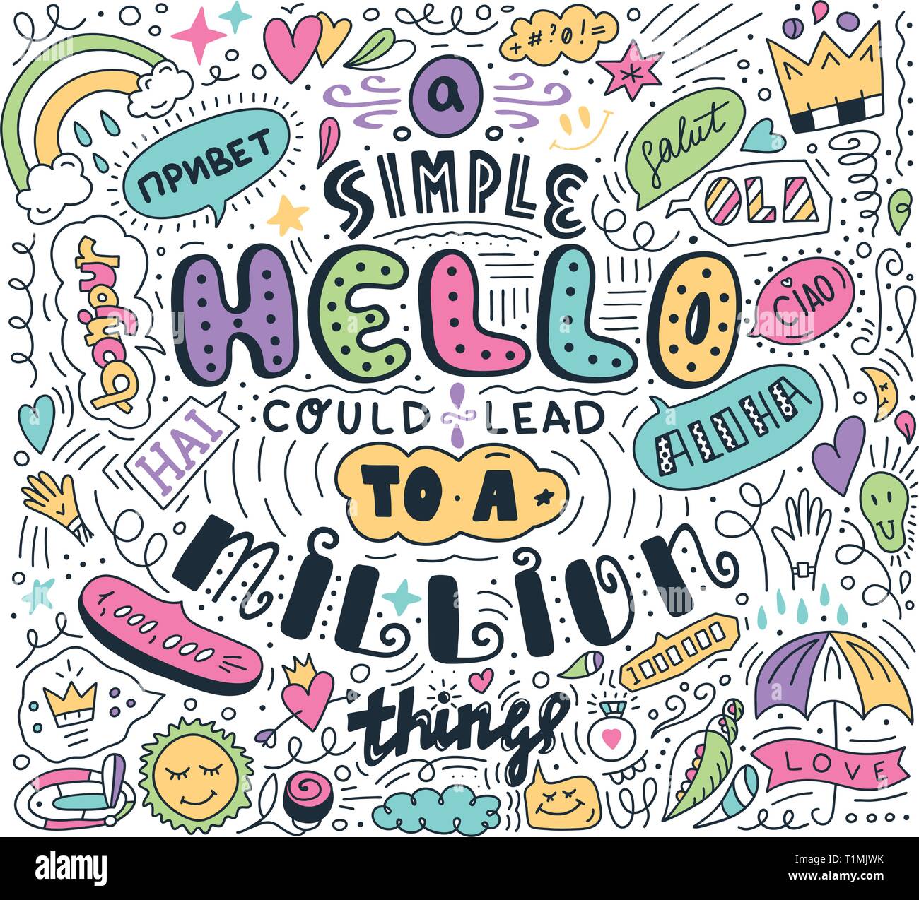 Lettering simple hello in different language doodle quote in sketch ...