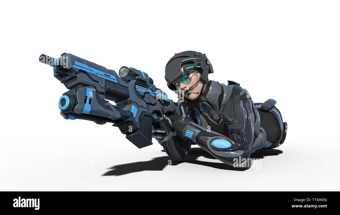 Android female soldier, military cyborg woman armed with rifle laying ...