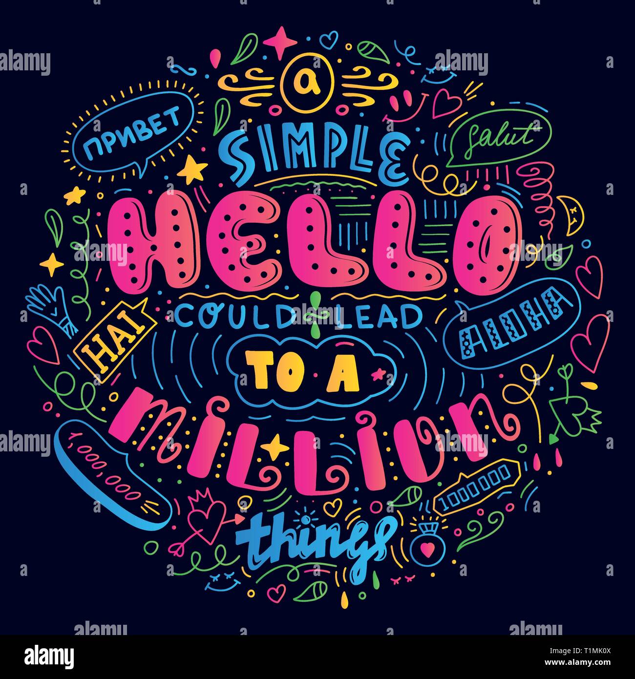 Lettering simple hello in different language doodle quote in sketch ...