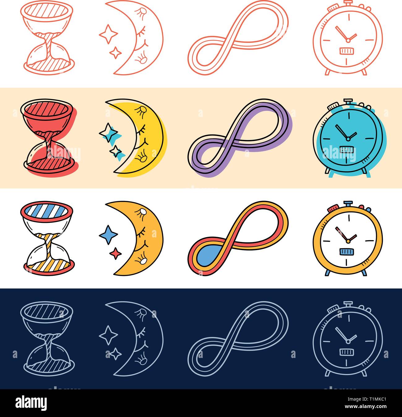 Hand draw sand clock, moon, endless icon set in doodle style for your ...