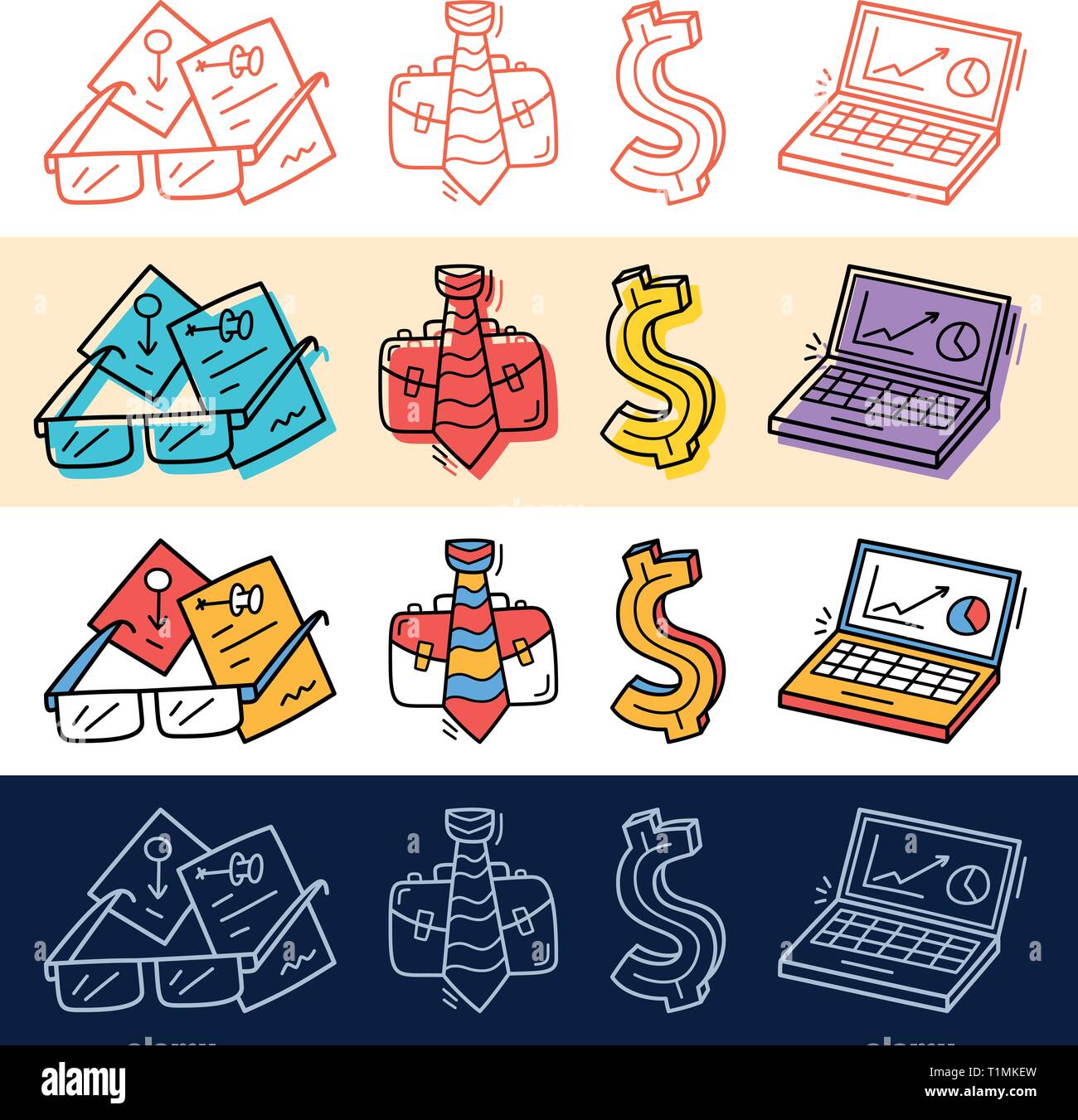 Hand draw business, dollar, job, computer icon set in doodle style for ...