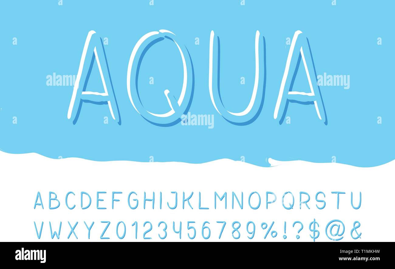 Aqua brush sans serif font. Vector hand drawn artistic alphabet. Retro ...